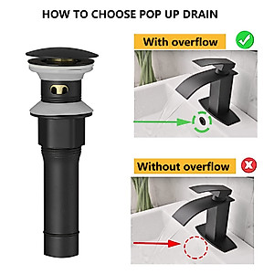 BESy Black Bathroom Sink Drain, Bathroom Faucet Vanity Sink Pop Up Drain Stopper with Overflow, Built-in Anti-Clogging Strainer, Matte Black