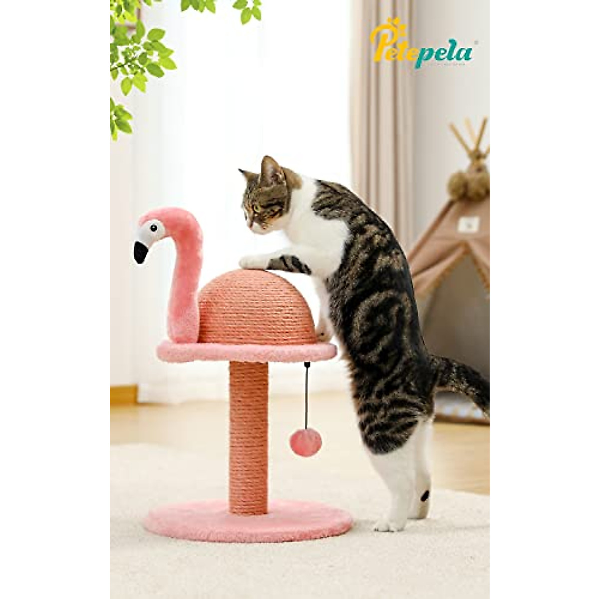 PETEPELA Cat Scratching Post, Flamingos Natural Sisal Cat Scratcher with Interactive Toy Ball and Extra Replacement Sisal Scrathing Pole for Kittens and Small Cats Pink
