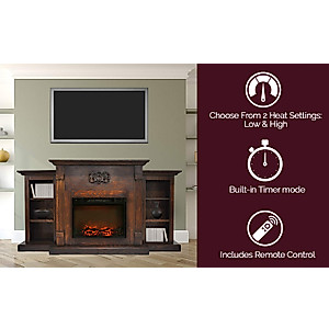 Cambridge 72-Inch Sanoma Electric Fireplace in Walnut with Built-in Bookshelves and a 1500W Charred Log Insert