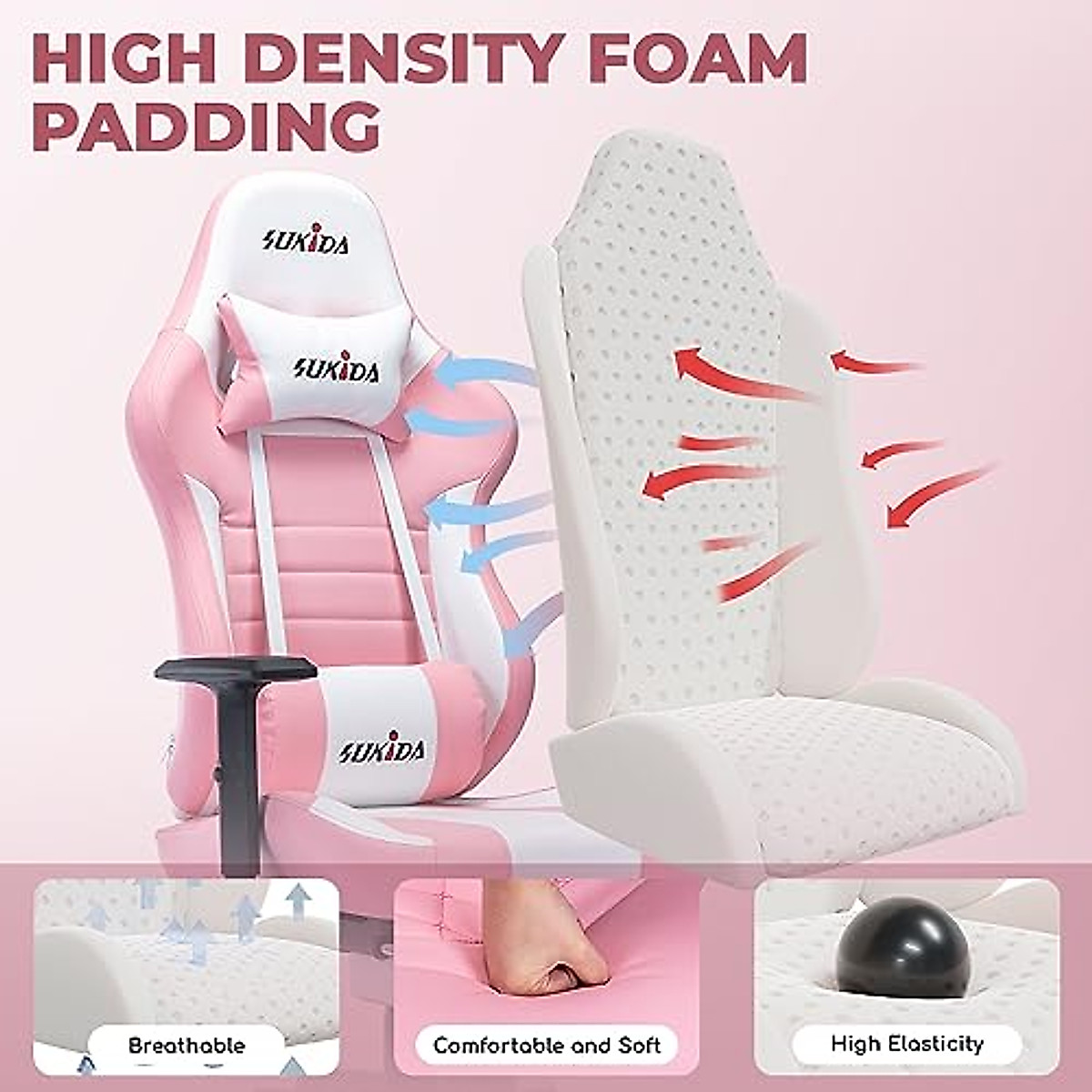 Game Chair with Footrest - Pink Gaming Chair with Massage, Swivel Ergonomic Video Gamer Chairs Leg Rest Height Adjustable Headrest Lumbar Support Backrest Recliner Esports for Adult