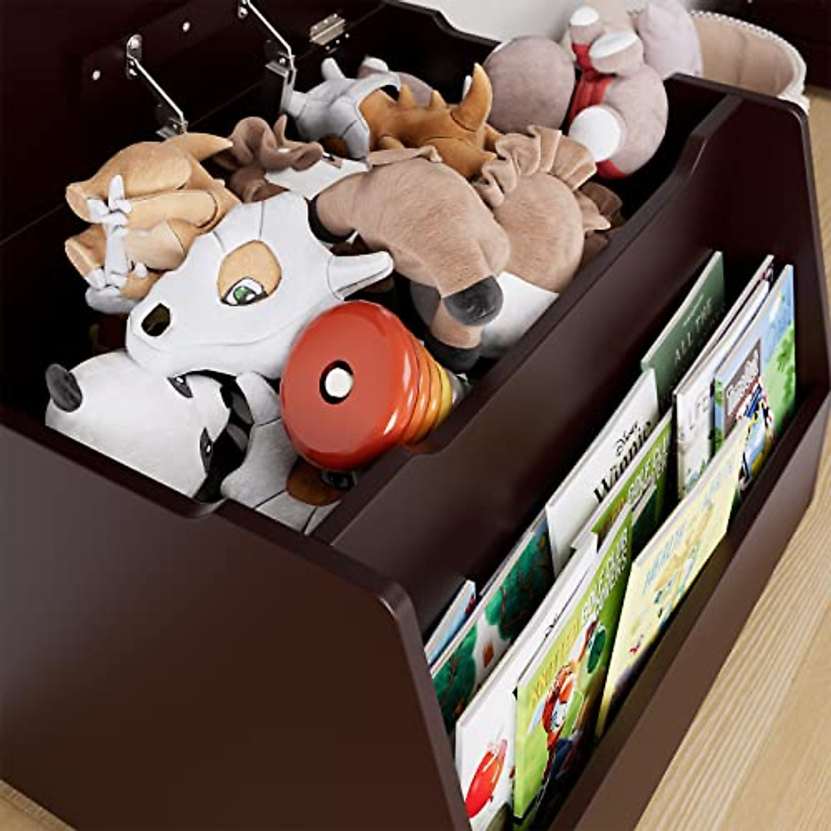 HOUSUIT Wooden Toy Chest, White Kids Toy Box on Wheels for Girls Boys, Toy Storage Organizer Bench with Safety Hinges Lid for Nursery, Toddler Room, Playroom, Bedroom (Dark Brown)