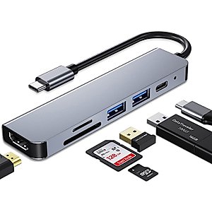 USB Hubs 6 in 1 Type-C Hub, USB C Hub Multiport Adapter with 4K 30Hz HDMI, 100W PD, 1 USB 3.0Port, 1 USB 2.0, SD/TF Card Reader, Compatible for MacBook Air/Pro, iPad Pro, Surface Pro, XPS and More