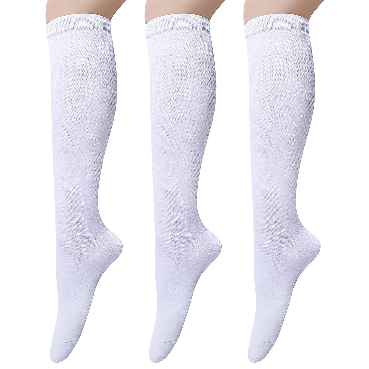 3 Pairs Womens Cotton Knee High Socks, Causal Soild Stripe Tube Knee Socks, White