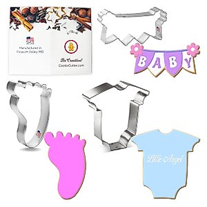 Foose Brand Cookie Cutters Baby Cookie Cutter 3 Piece Set, 4 in, Banner, Bodysuit, Tin Plate Steel, USA