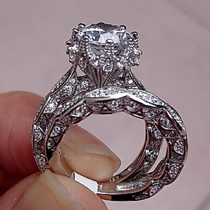 LVSHI Fashion Women 925 Sterling Silver Wedding Ring Set Eternal Love Collection Anniversary Promise Ring Flash Diamond Round Engagement Ring Size 6-10 (Size 7),C3