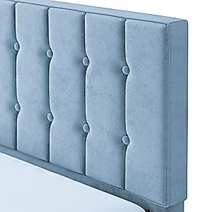 LIKIMIO Queen Bed Frame with Headboard, Velvet Upholstered Platform Bed Frame with Strong Wooden Slats/No Box Spring Needed, Light Blue/Easy Assembly, Light Blue