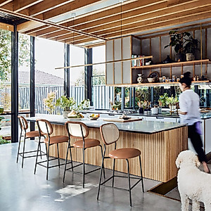 LUE BONA Faux Leather Bar Stools Set of 4,Rattan and Wood Backrest with Metal Legs，Modern Upholstered Round seat Chair Counter Height Barstools for Home Office Restaurants,24",Red Brown