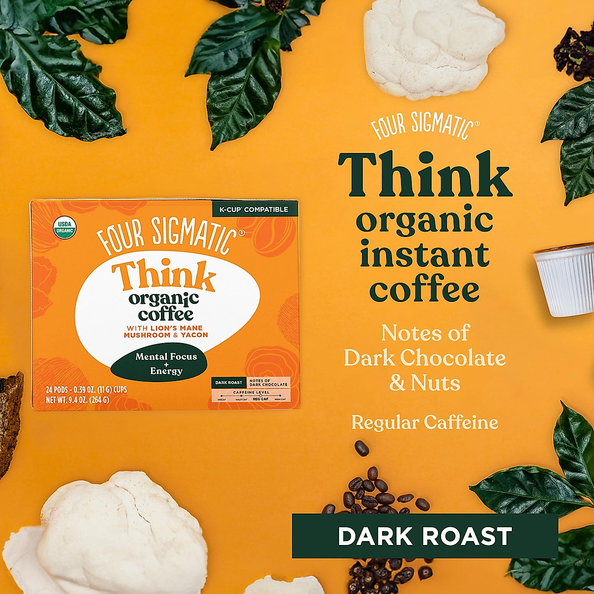 Mushroom Coffee K-Cups by Four Sigmatic | Organic and Fair Trade Dark Roast Coffee with Lion’s Mane, Chaga & Mushroom Powder | Focus & Immune Support | Vegan & Keto | Sustainable Pods | 24 Count