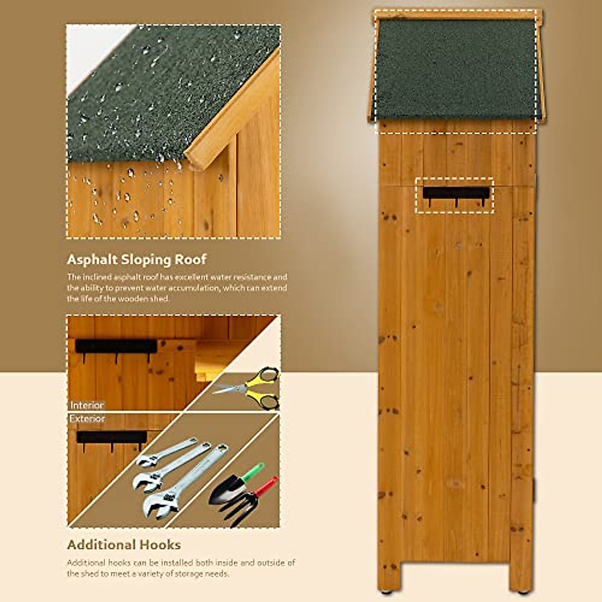 Mbolyeer Garden Storage Shed: Garden Tool Storage Cabinet, Lockable Wooden Storage Sheds Organizer for Home, Yard, Outdoor, Natural