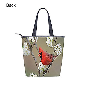 Women's Canvas Zipper Closure Handbag Red Cardinal Bird Tote Bag with Large Capacity