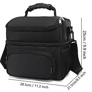 FlowFly Double Layer Cooler Insulated Lunch Bag Adult Lunch Box Large Tote Bag for Men, Women, With Adjustable Strap,Front Pocket and Dual Large Mesh Side Pockets,Black