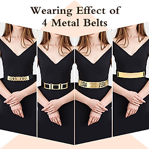 Zhanmai 4 Pieces Belts for Women Metal Gold Stretch Waist Belt Skinny Wide Chain Belt Elastic Belt for Dress (Black, Simple Style)