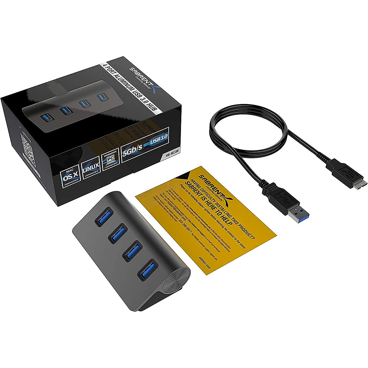 SABRENT 4-Port USB 3.0 Hub - Aluminum Design, Portable Data Hub with 2.5ft Cable for iMac, MacBook, PC - Black (HB-MC3B)
