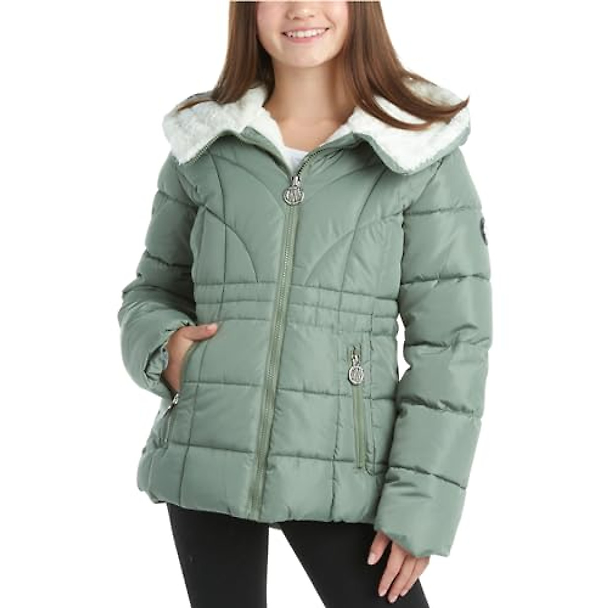 DKNY Girls' Winter Coat - Sherpa Fur Lined Heavyweight Quilted Puffer Parka - Insulated Winter Ski Jacket for Girls (4-16), Size 7-8, Sage