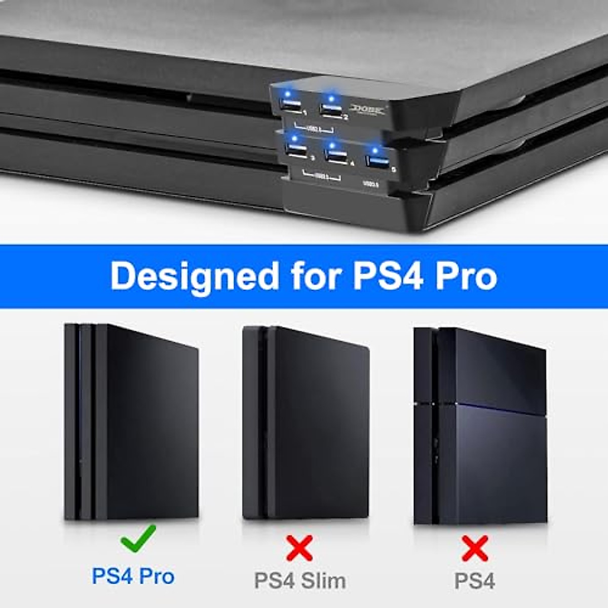 Linkstyle USB Hub for PS4 Pro, 5-Port USB 3.0 Hub Extension Adapter Splitter with LED Indicator for PlayStation 4 Pro, Black