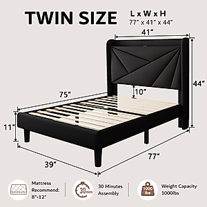 iPormis Twin Bed Frame with Charging Station, Platform Upholstered Bed, Linen Geometric Storage Headboard, Solid Wood Slats Support, No Box Spring Needed, Black