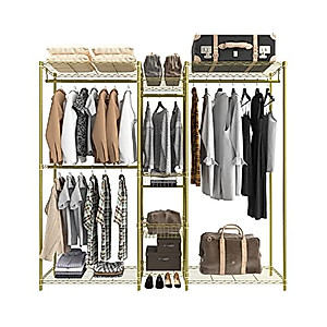 Xiofio 6 Tiers Heavy Duty Clothes Rack, Metal Clothing Rack,Clothing Storage Organizer,Garment Rack with Basket,Hanging Adjustable Garment Rack,65.0" L x 15.7" W x 76.0" H,Max Load 800LBS,Gold