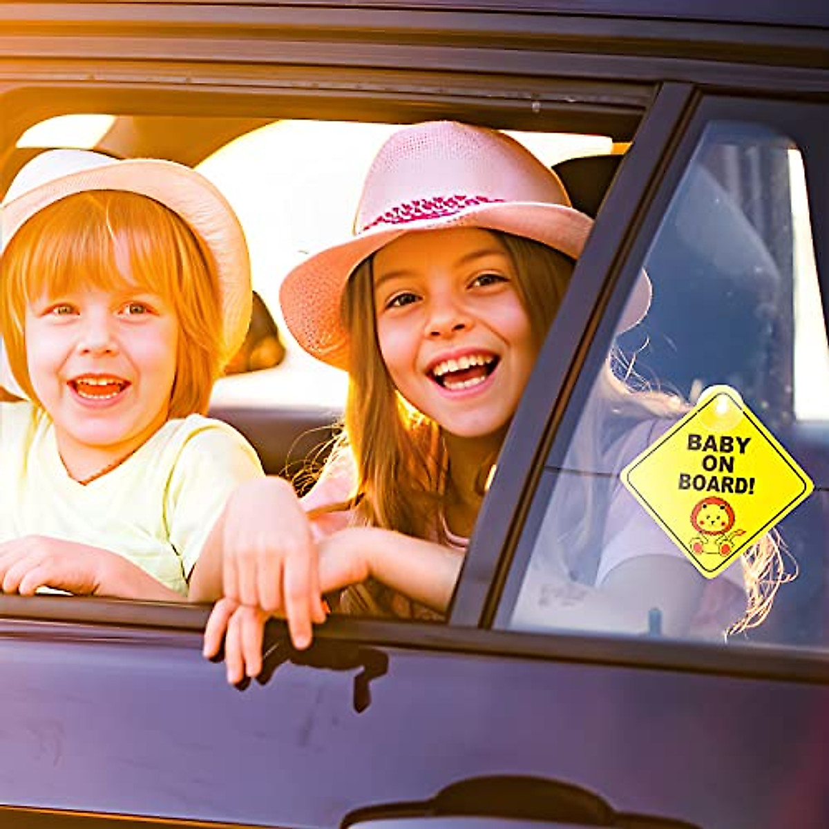 TIESOME 2 pcs Baby on Board Car Warning, Baby on Board Sticker Sign for Car Warning with Suction Cups, Baby in Car Sticker for Car Window Cling Reusable Baby on Board Sticker Decal (Giraffe + Lion)