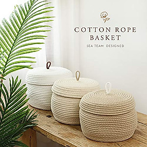 Sea Team Round Cotton Rope Storage Basket with Lid, Decorative Woven Storage Bin, Pot, Caddy, Organizer, Container for Snacks, Towels, Plants, 10 x 7.5 Inches (Small, Cream)