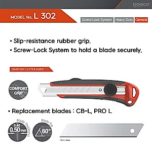 DORCO Professional Quality Utility Box Cutter Knife L302 - Solid Screw-Lock Safety System, Large Design, Retractable, Built-In Snap-Off Tool, Replaceable Carbon Steel Blade - 18mm