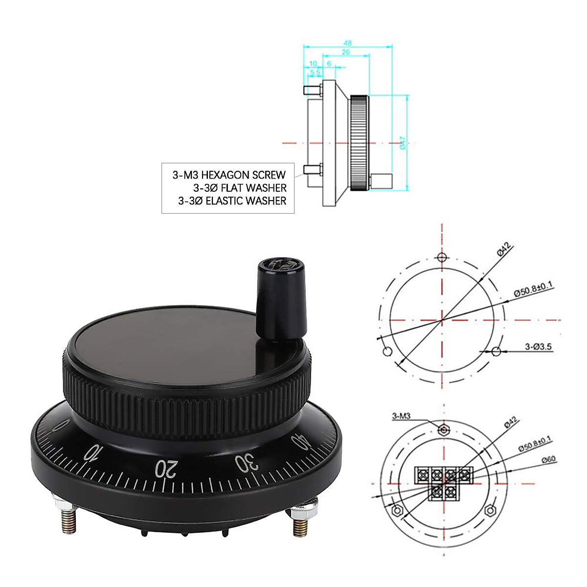 6 Terminal Manual Pulse Encoder,IP54 Aviation Aluminum Rotary Knob Encoder ,100 Stop Positions CNC Mill Router Control System Electronic Hand Wheel