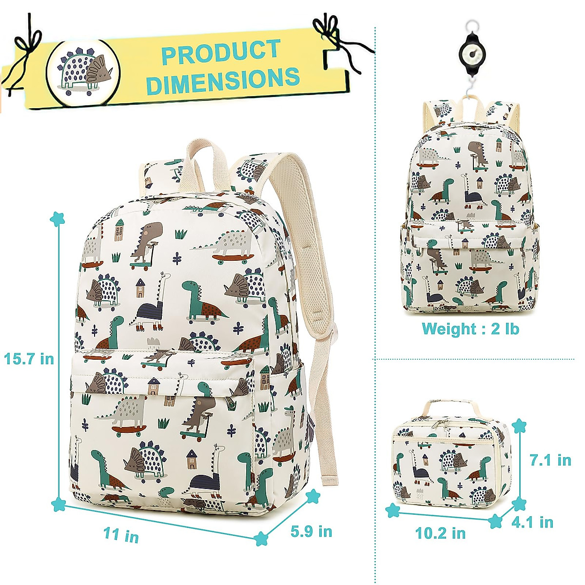 LEDAOU Kids School Backpack with Lunch Box for Boy Kindergarten BookBag School Bag Preschool Kindergarten Toddler Backpack (Dinosaur Beige)