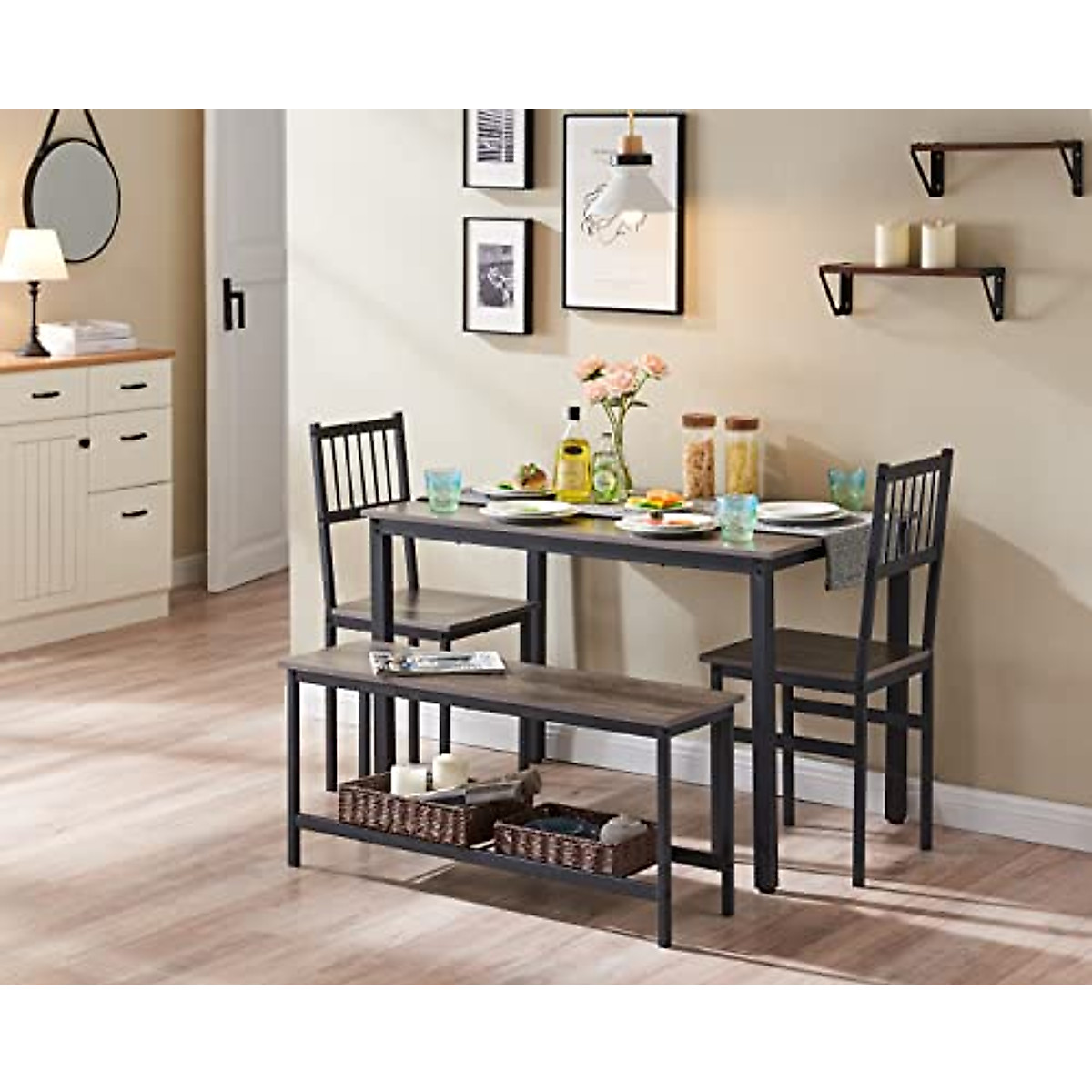 Tassullo 4pcs Kitchen Table Set, Small Dining Room Table Set and 2 Chairs for 4 with Bench, Sturdy and Noise-Free for Small Studio Apartment and Dorm Room (A)