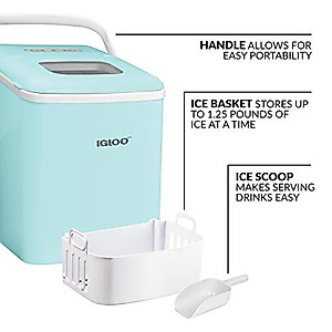 Igloo ICEB26HNAQ Automatic Self-Cleaning Portable Electric Countertop Ice Maker Machine With Handle, 26 Pounds in 24 Hours, 9 Ice Cubes Ready in 7 minutes, With Ice Scoop and Basket, Aqua