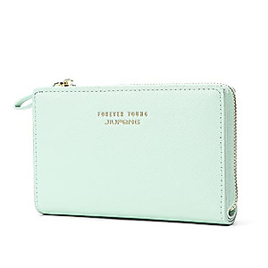 JIUFENG Women Zipper Wallet RFID Blocking Multi Purpose Coin Pouches Credit Card Holder Short Purses (Light Green)