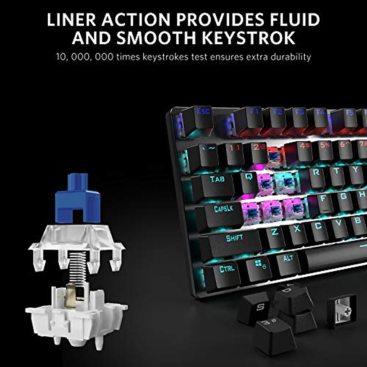 Fiodio Mechanical Gaming Keyboard, Fantastic LED Rainbow Backlit Wired Keyboard, Full Anti-Ghosting Keys, with Quick-Response Blue Switches and Multimedia Control for PC and Desktop Computer