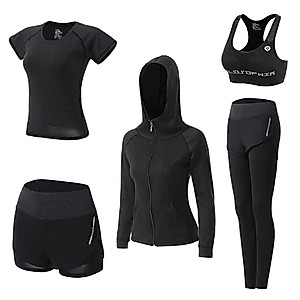 Nesyd Workout Sets for Women 5 Piece Yoga Exercise Fitness Gym Outfits Sport Running Athletic Clothing Set Tracksuits Sportwear Activewear (Black A, M)