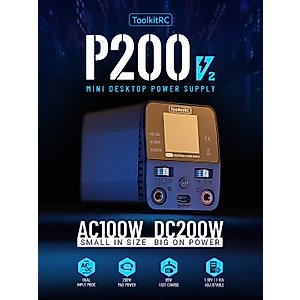 NEW ToolkitRC P200 V2 Mini 30V Supply AC100W DC200W 10A GaN Adjustable Mini Desktop Power Supply USB Output 4.0mm banana female port with TypeC 65W Output fast charging