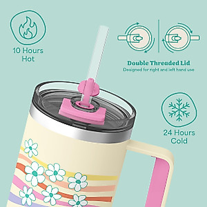 Ottle Deep Sea Diver 40 oz Insulated Tumbler with Handle and Straw Lid - Leak Proof, Cupholder Friendly Travel Mug - Stainless Steel Double Wall Water Bottle for Hot and Cold Drinks - Wavy Daisies