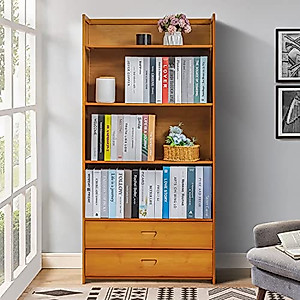 MoNiBloom 4 Tier Bookcase with 2 Drawers, Bamboo Large Multifunctional Shelf Storage Organizer Book Display Shelves for Home Living Room Office, Brown