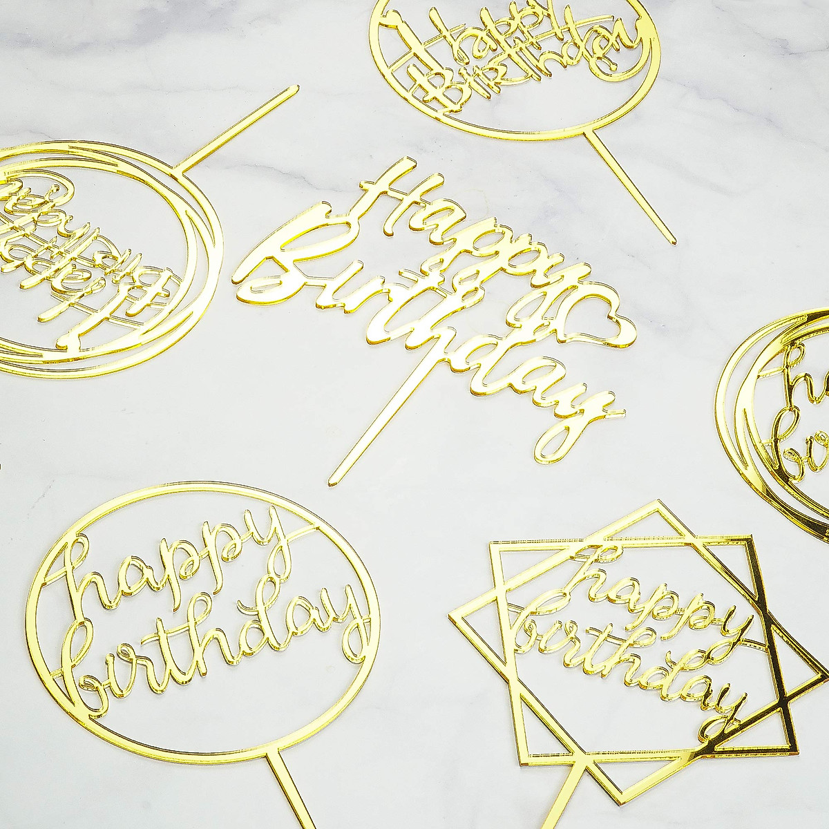 6-Pack Gold Birthday Cake Topper Set, Double-Sided Glitter, Acrylic Happy Birthday Cake Toppers/Cupcake Toppers, Birthday Decorations for Children or Adults.