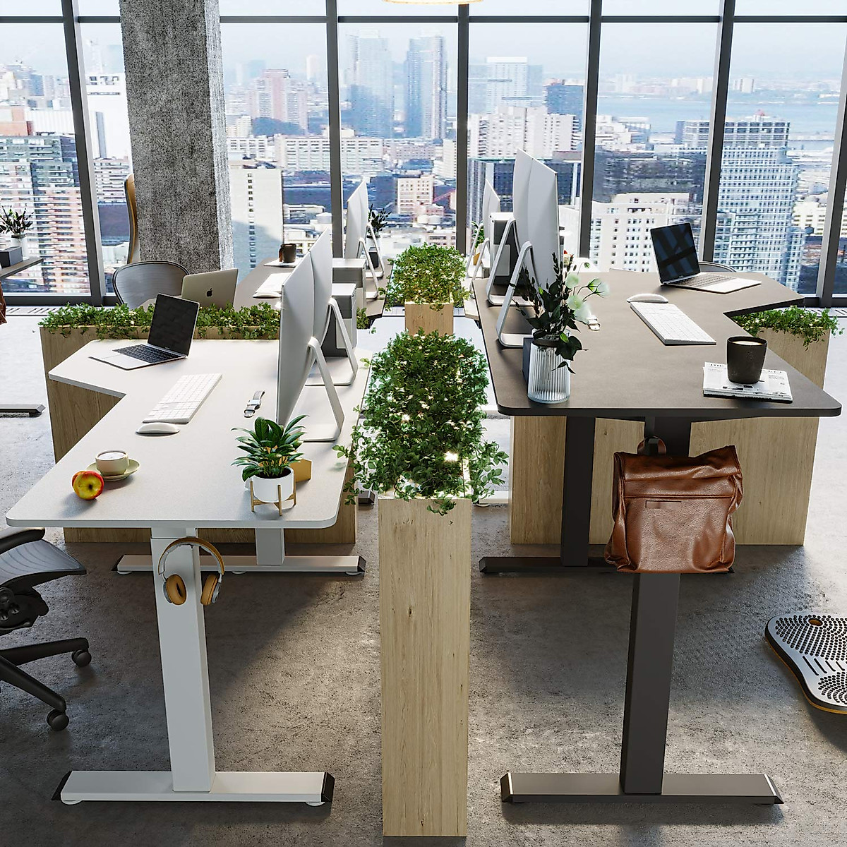 BANTI 55 Inches L-Shaped Electric Standing Desk, White Top/White Frame Height Adjustable Stand up Table, Home Office Sit to Stand Desk with Splice Board