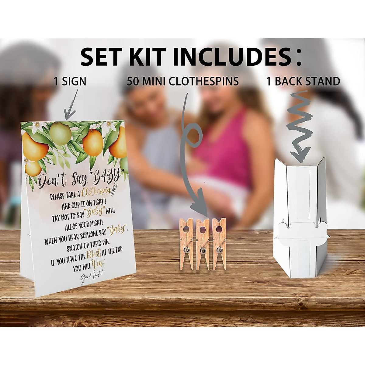 Don't Say Baby Baby Shower Game, Don't Say Baby Sign(Sign 8x10 Inch), Orange, 1 Standing Sign + 50 Clothespins(ds48)
