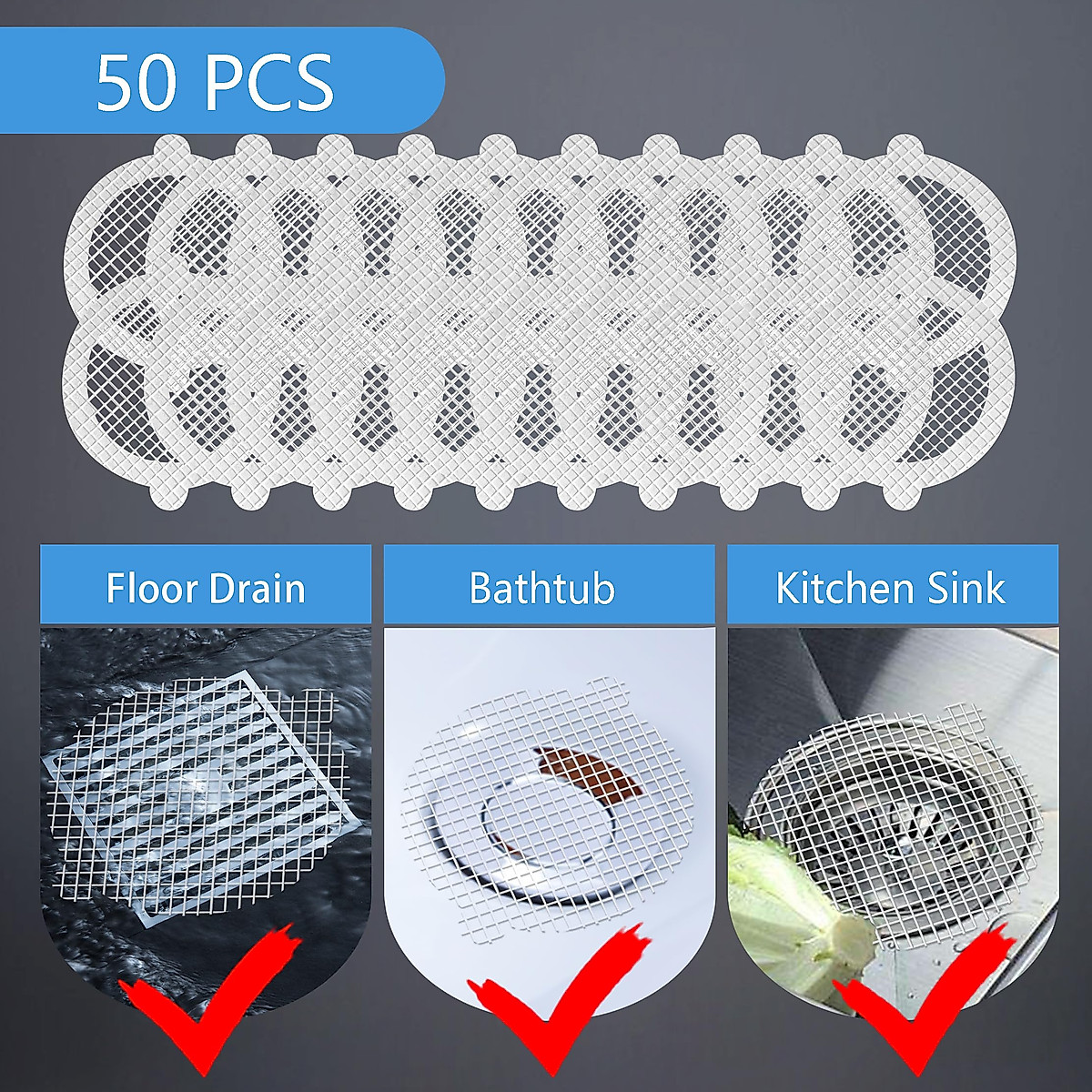 Melfluo 50 Pcs Disposable Shower Drain Cover Hair Catcher,Floor Drain Sticker，Drain Cover Sticker，Bathroom，Kitchen，Bathtub,Laundry,Shower Drain Stickers for Hair