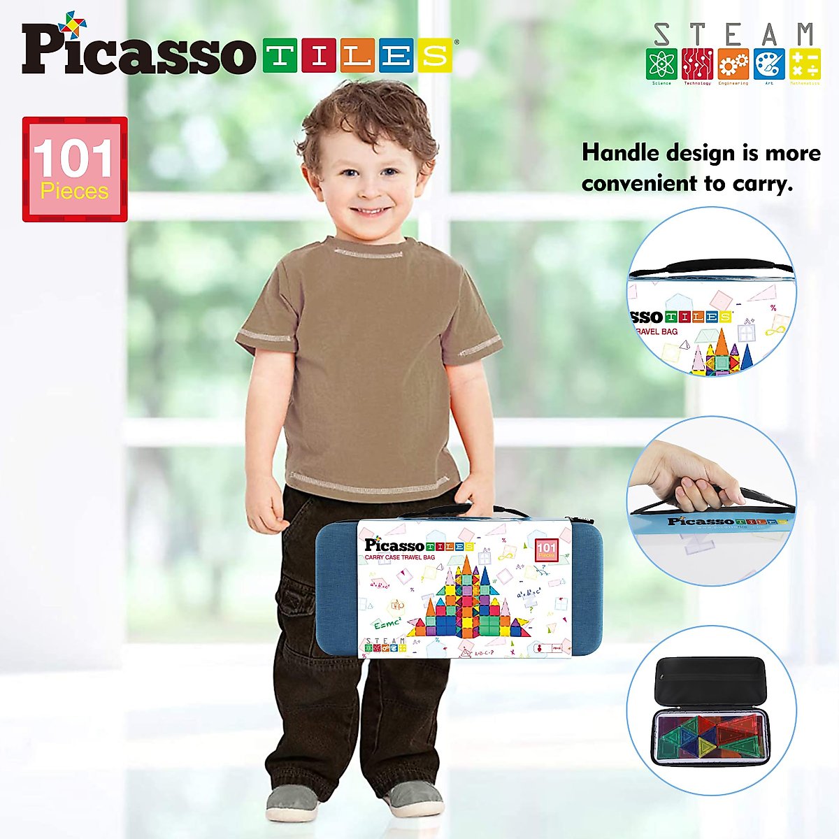 PicassoTiles 101pcs Magnetic Building Block Toy + Case Set Magnet Tile Construction Blocks for Ages 3 and Up Educational Kit Child Brain Development Learning Playset in Portable Travel Carry Bin