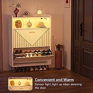 Aheaplus Shoe Cabinet with Flip Doors, Shoes Storage Organizer with Motion Sensor Led Light, Entryway Wood Freestanding Tipping Bucket Shoe Rack with Open Shelves for Closet, Living Room, White