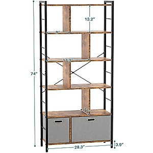 74 Inch Tall Bookshelf, 6 Tier Bookcase with Drawers, Modern Book Shelf Display Standing Shelf Units with Storage, Wood and Metal Bookshelves for Living Room, Bedroom, Home Office, Rustic Brown