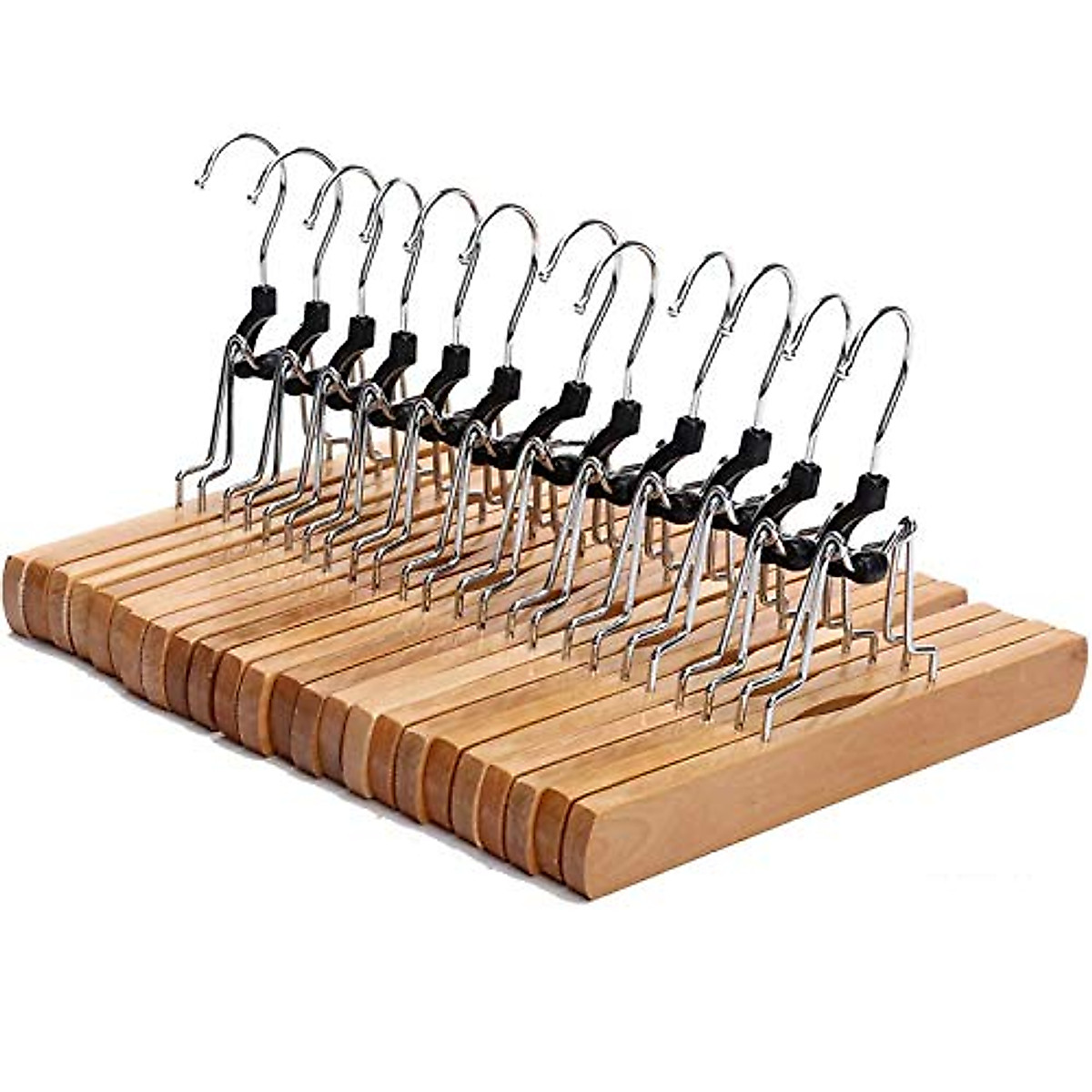 JS HANGER Wood Pants Hangers, 12 Pack Non Slip Wood Skirt Hangers, Smooth Finish Wood Jeans/Slack Hanger with 360° Swivel Hook, Natural Finish