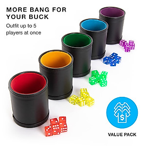 Brybelly Dice Set with Dice Shaker Cup - Perfect for Casino Dice Game - Dice Games for Family - Quality Leather Dice Cup - Poker Dice Shaker - Multicolor Dice Cups and 25 Multicolor Dice Sets