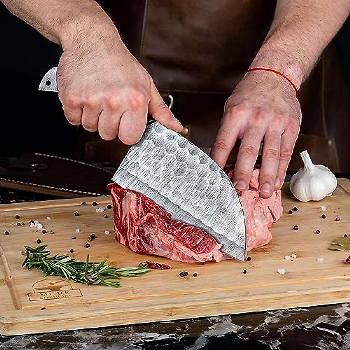Morf Steelware Premium Damascus Serbian Cleaver Knife for BBQ Cooking - Handmade Chef Chopper Knife with Rose Wood Handle Perfect for Chefs and Cooking Enthusiasts Durable Razor-Sharp