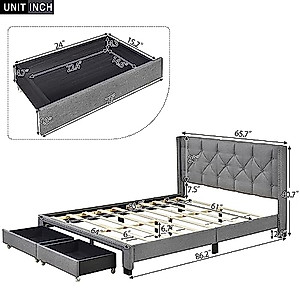 Queen Bed Frame with 2 Storage Drawers, Fabric Upholstered Platform Bed Frame with Deep-set Pattern Button Tufted Headboard, Sturdy Wood Slats Support Mattress Foundation, No Box Spring Needed (grey)