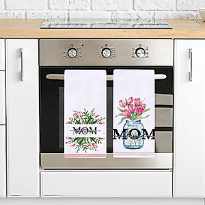 Secarond Blssed Mom Tulip Mason Jar Kitchen Dish Towel 18 x 28 Inch Set of 2, Happy Mother's Day Spring Summer Floral Tea Towels Gift Dish Cloth for Cooking Baking