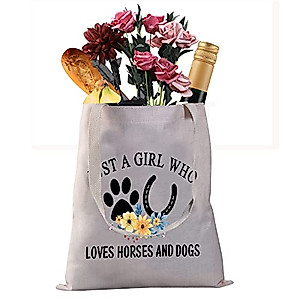 CMNIM Dog Horse Lovers Gifts Just a Girl Who Loves Horses and Dogs Tote Bag Dog and Horse Gifts For Dog Mom Owner Horse Tote Bag (Horses and Dogs Tote beige)