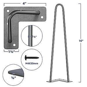 SMARTSTANDARD 16 Inch Heavy Duty Hairpin Furniture Legs, Metal Home DIY Projects for Nightstand, Coffee Table, Desk, etc with Rubber Floor Protectors Grey 4PCS