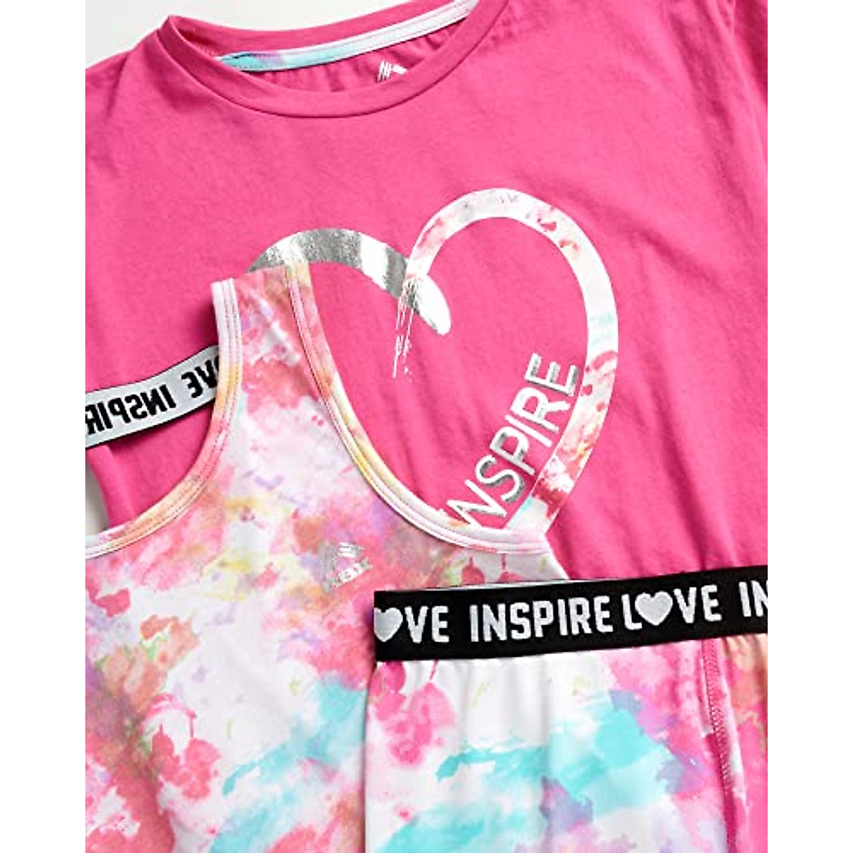 RBX Girls' Activewear Set - Short Sleeve Performance T-Shirt, Tank Top, and Capri Leggings (7-12), Size 10-12, Pink Cherry Inspire