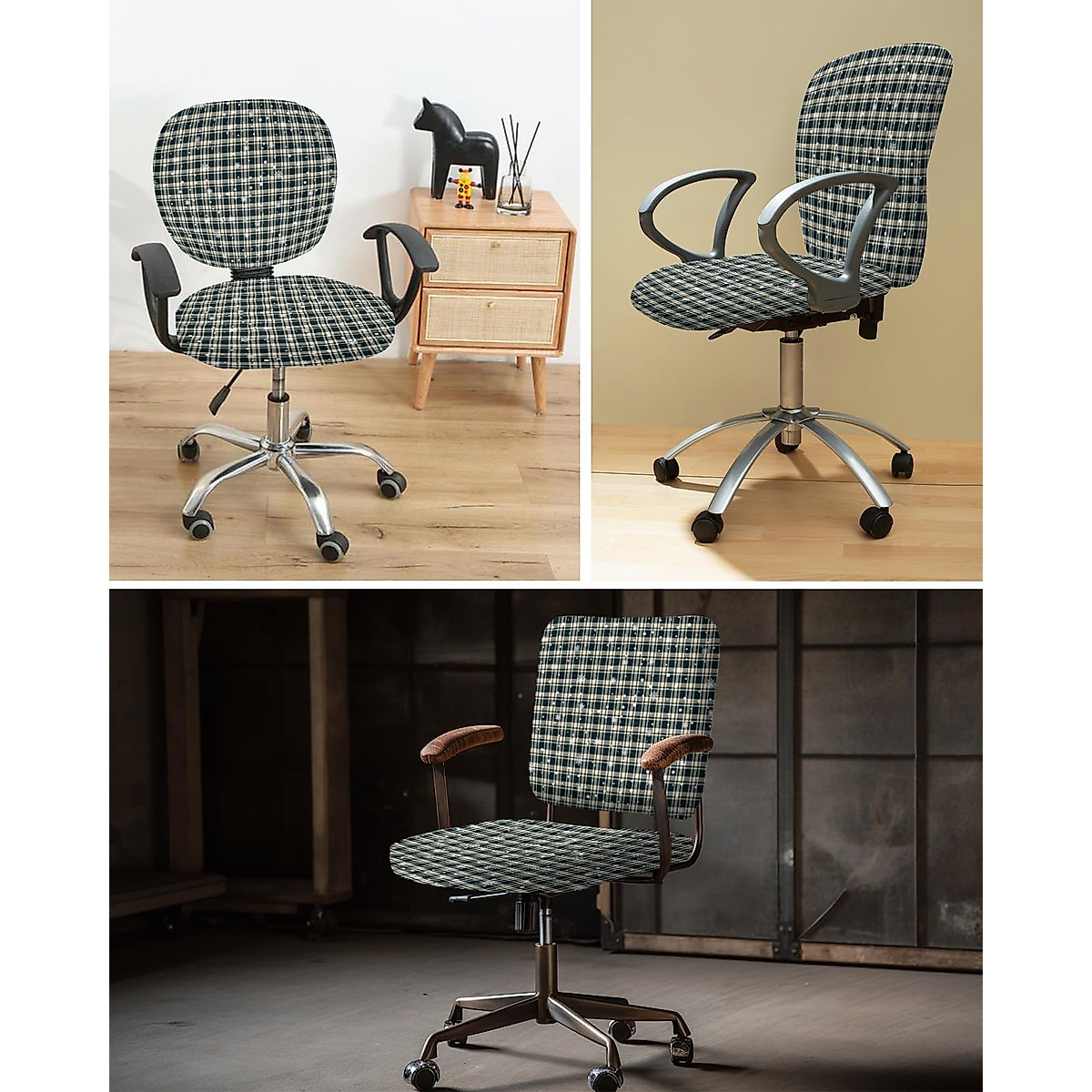 Christmas Snowflake Office Chair Cover Stretchable Computer Chair Seat Cover Backrest Slipcovers, Stretchable Rotating Desk Chair Seat Cushion Split Protectors Farmhouse Buffalo Plaid Blackish Green